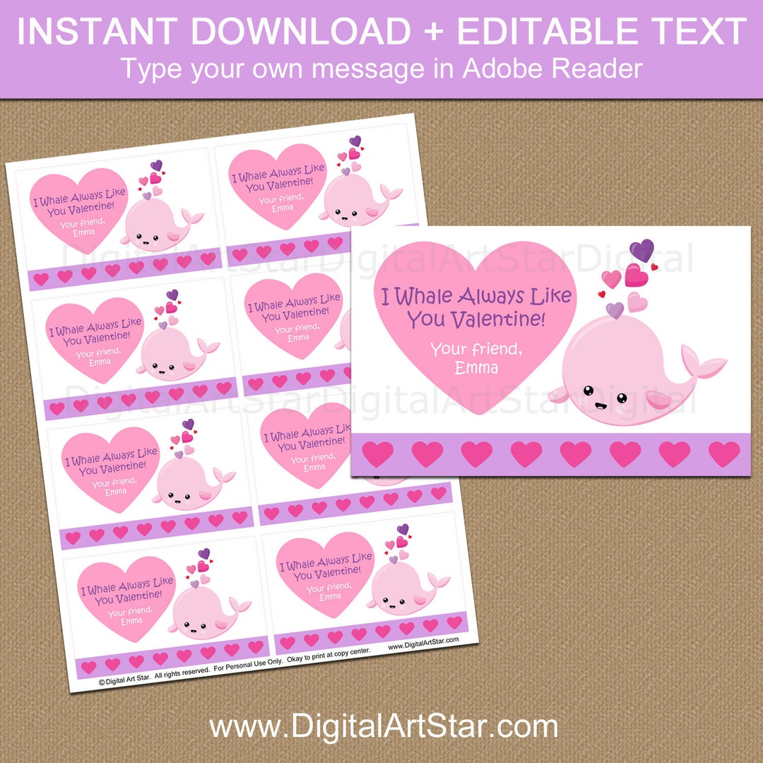 Whale Valentine Card, Printable Valentine Cards for Kids, Classroom ...