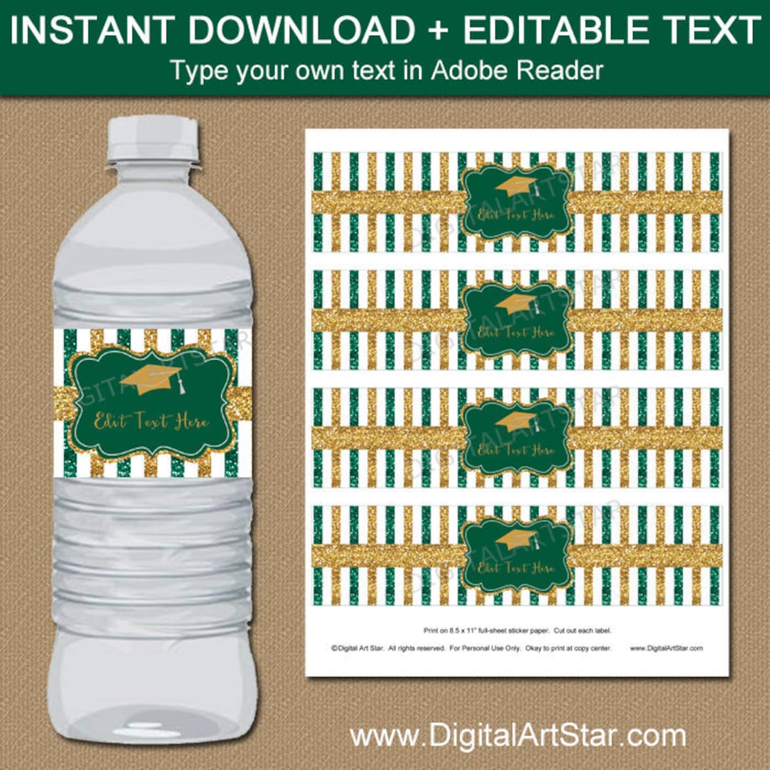 Hunter Green and Gold Graduation Water Bottle Labels 2023, Graduation ...