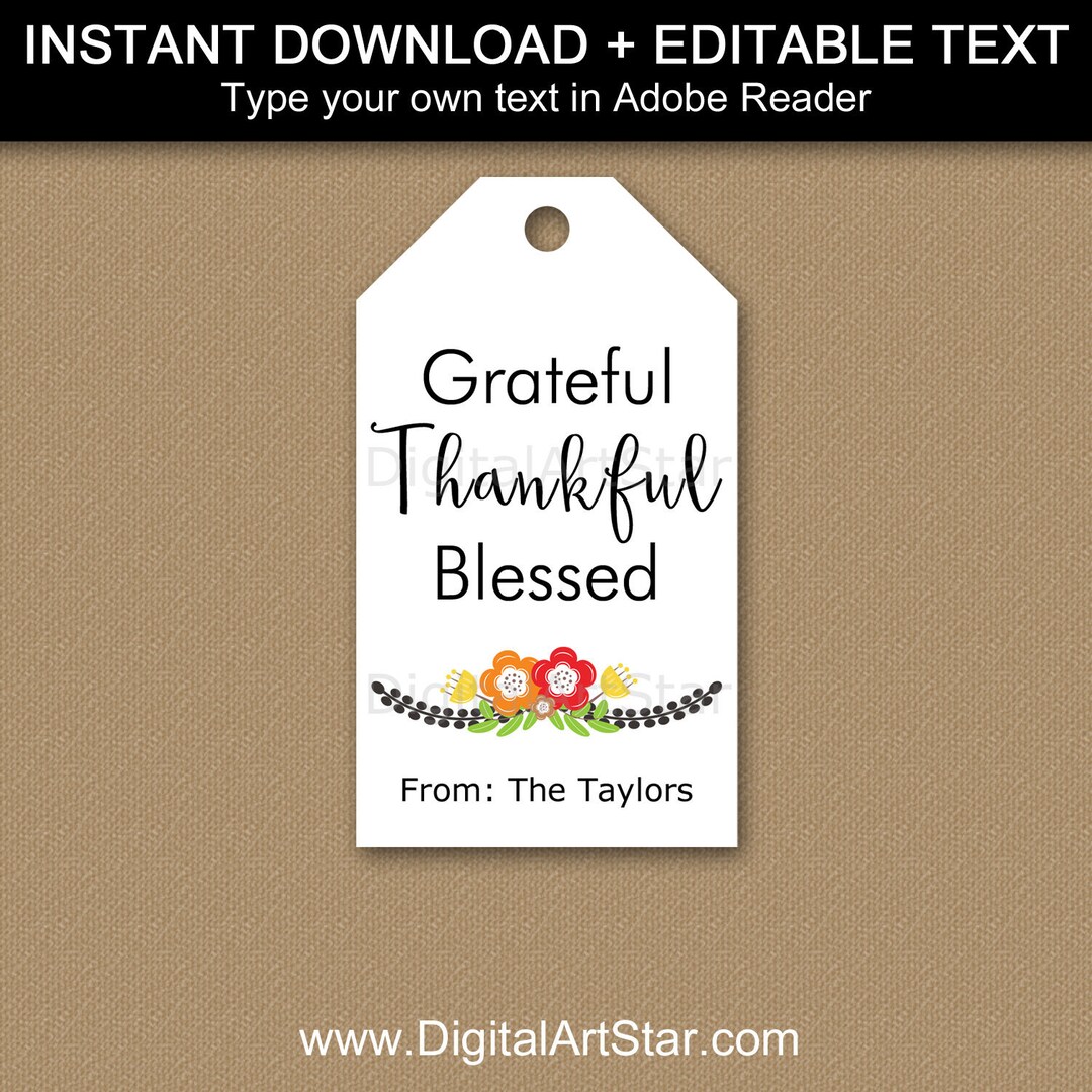 Black and White Thanksgiving Tag Template Grateful Thankful Blessed ...