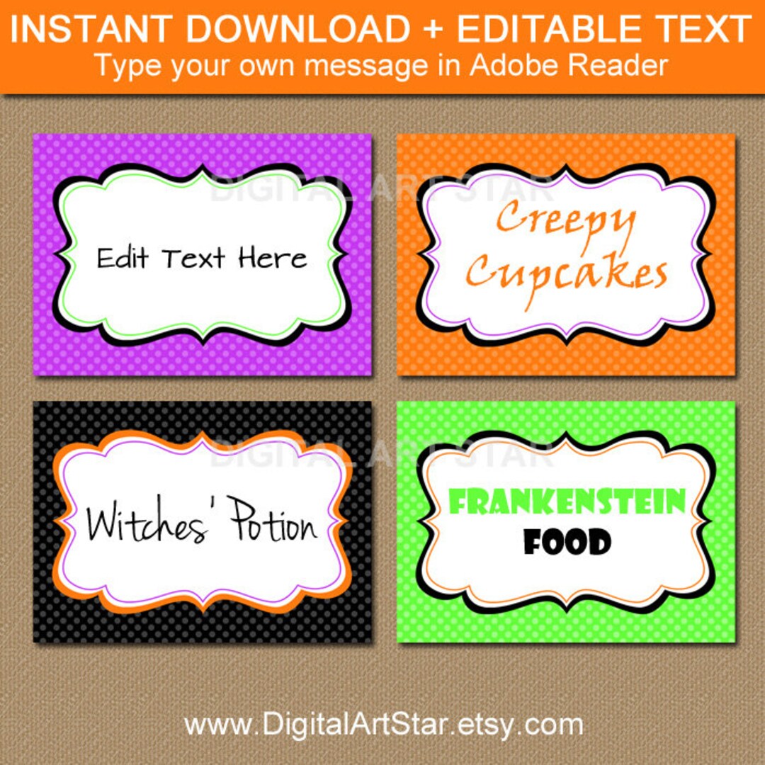 Printable Halloween Labels, EDITABLE Tent Cards, Buffet Cards, Sticker ...