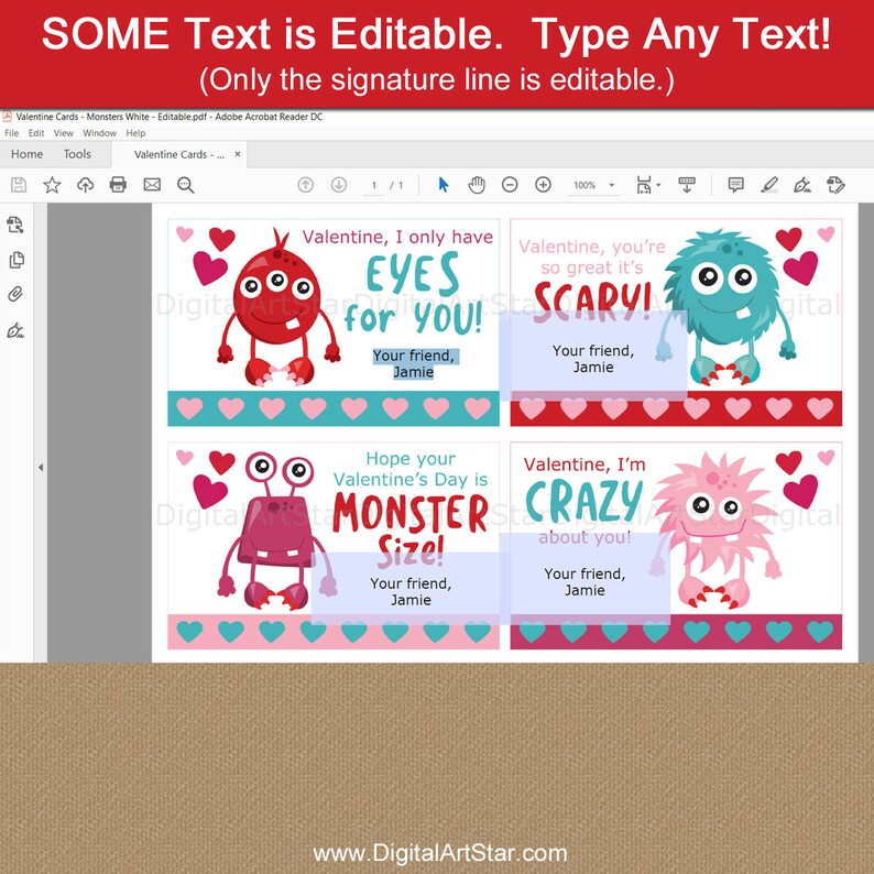 Monster Valentines Day Cards for Kids Printable Valentines for - Etsy