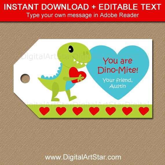 Dino-Mite Valentine Tags for Kids, Dinosaur Valentine Printable Tags ...
