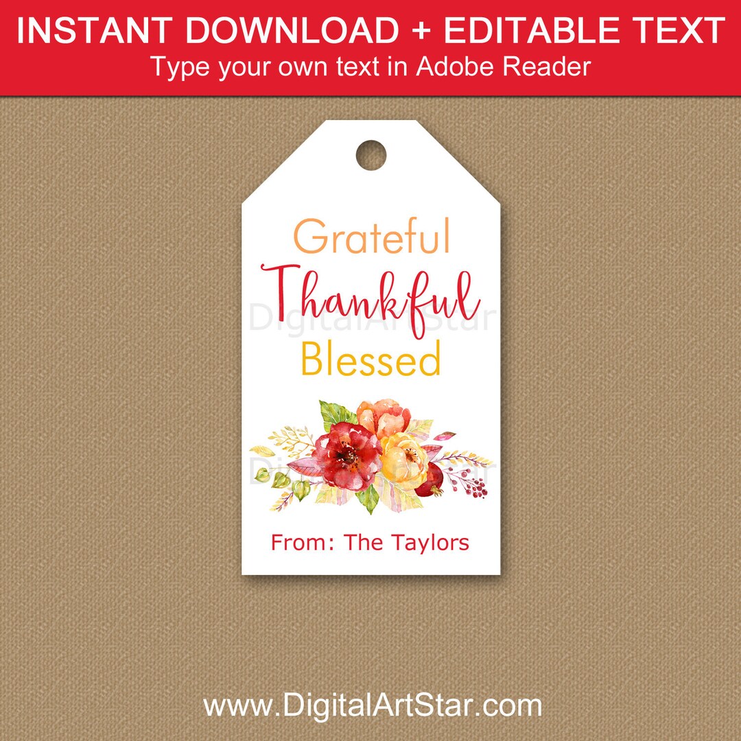 Grateful Thankful Blessed Tags Floral Thanksgiving Gift Tags Printable ...