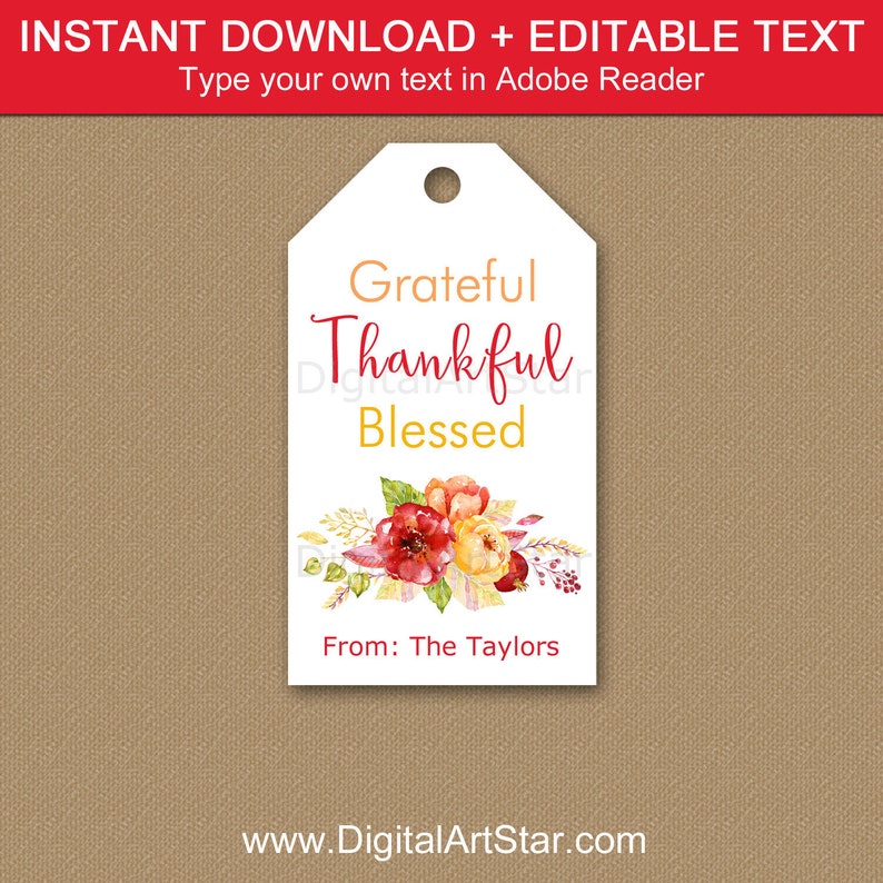 Grateful Thankful Blessed Tags Floral Thanksgiving Gift Tags - Etsy Canada