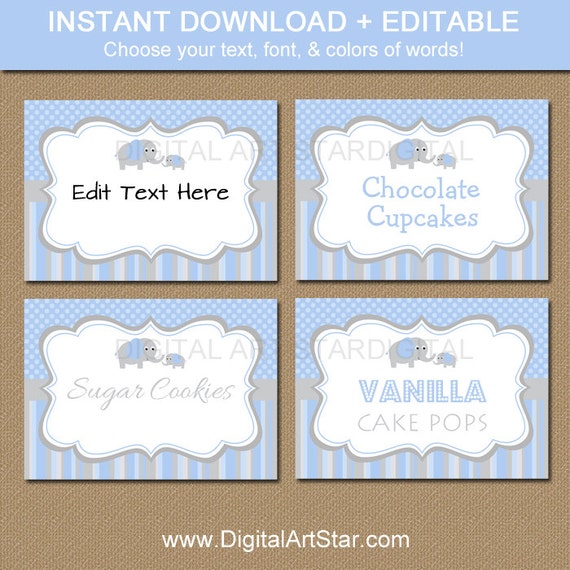 Elephant Buffet Labels - Blue & Grey Elephant Buffet Cards - Elephant ...
