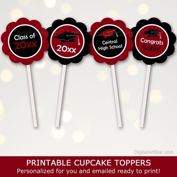 PRINTABLE Graduation Cupcake Toppers, Burgundy and Black Graduation ...