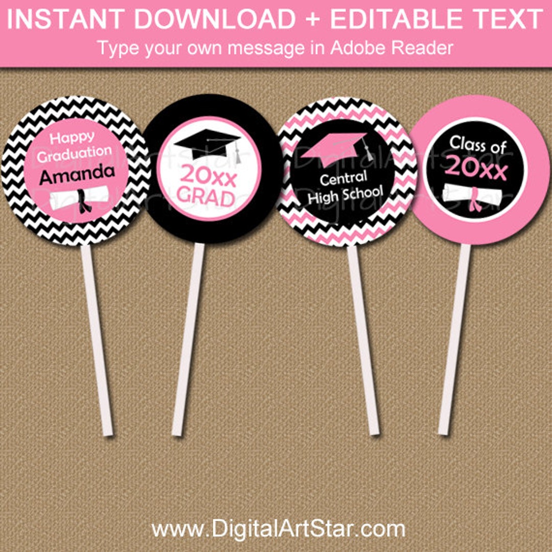 Pink Graduation Cupcake Toppers Girl Graduation Decorations Graduation ...
