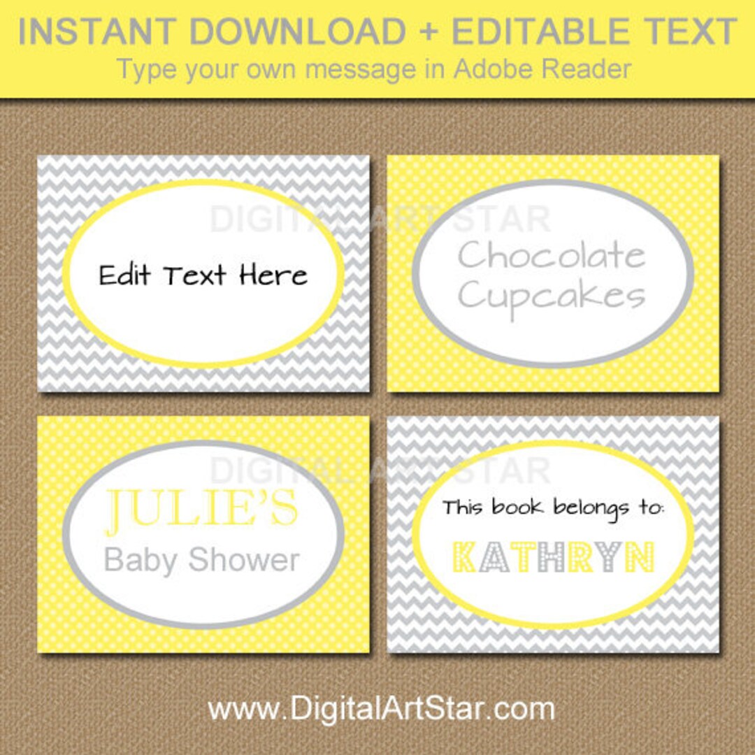 Yellow Gray Chevron Buffet Cards, Yellow Gray Wedding Labels, Tent ...