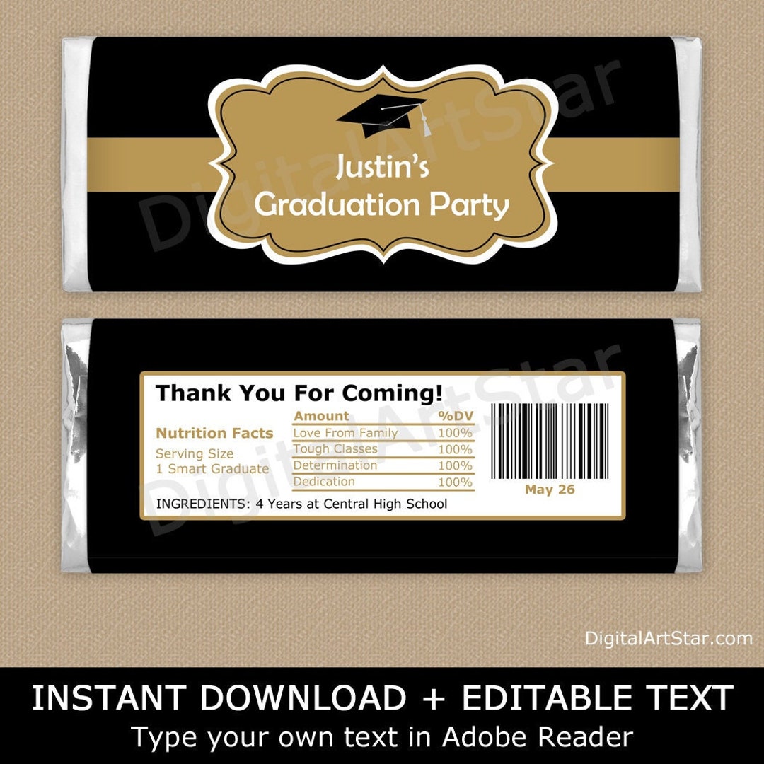 Black and Gold Graduation Favors, Graduation Chocolate Bar Wrappers ...