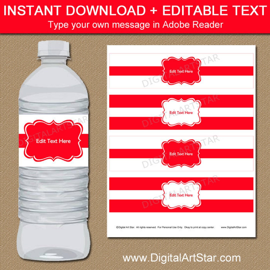 Red Water Bottle Labels Birthday, Red and White Party Decorations ...