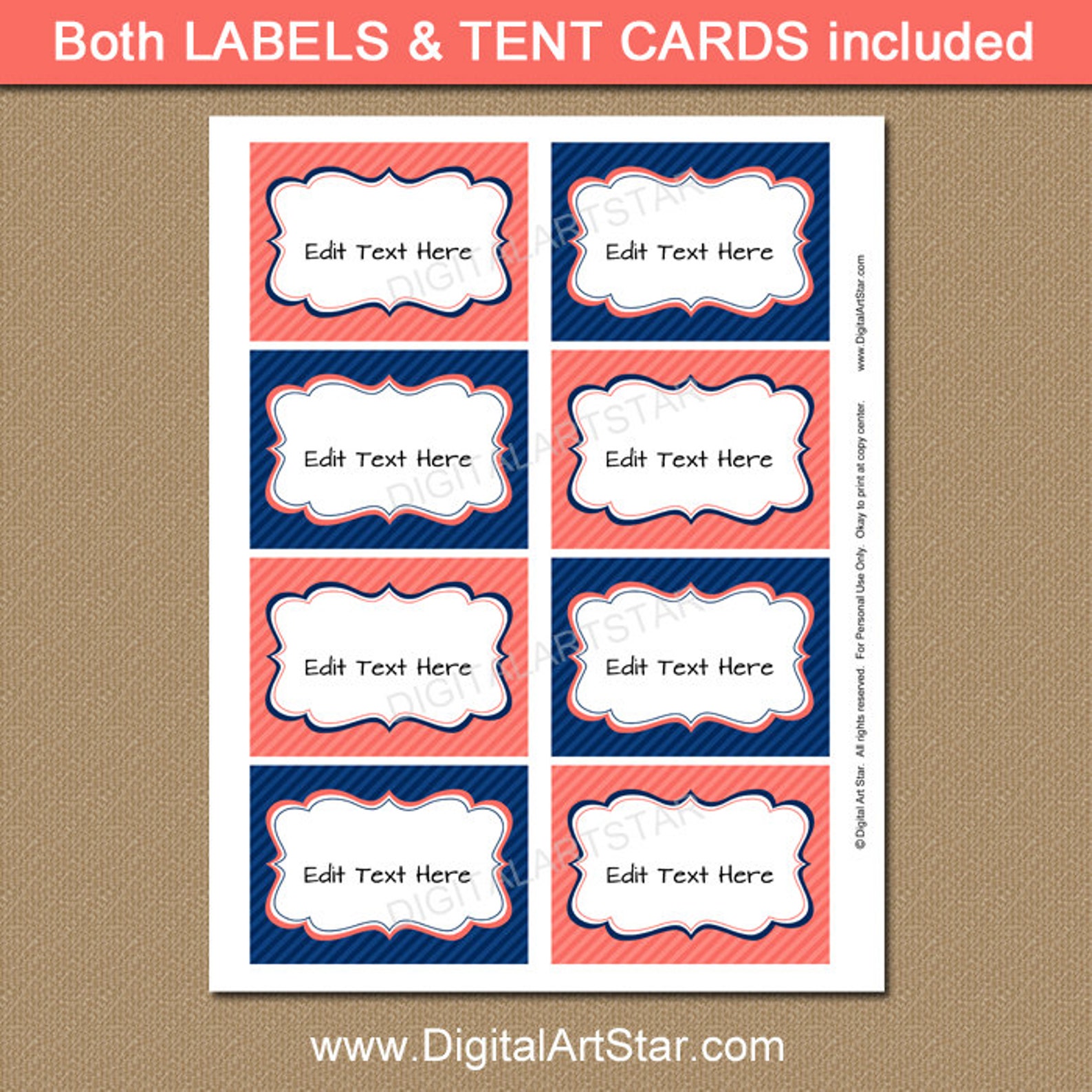 Coral Navy Blue Printable Buffet Cards Bridal Labels - Etsy