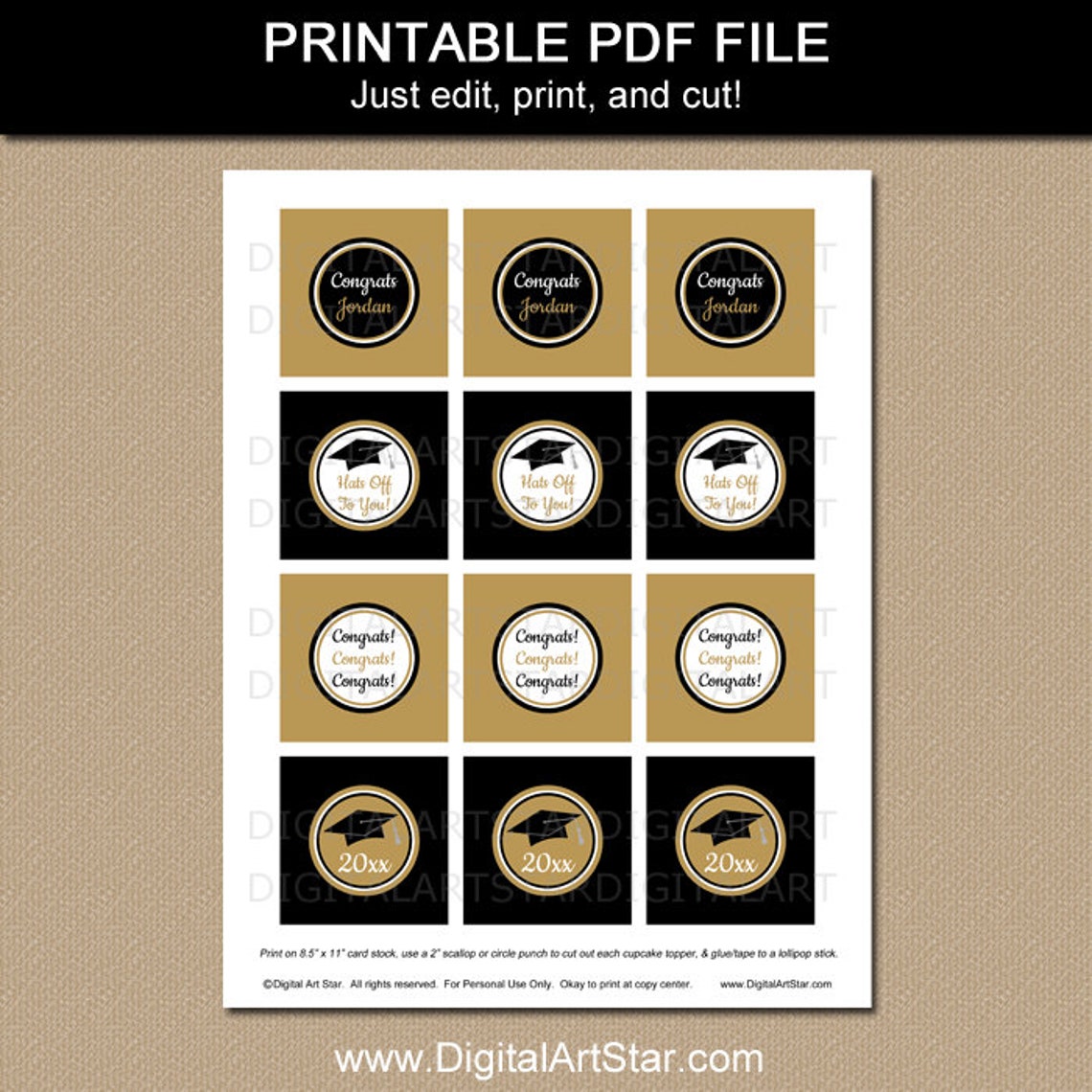 Graduation Cupcake Toppers Printable Black and Gold - Etsy