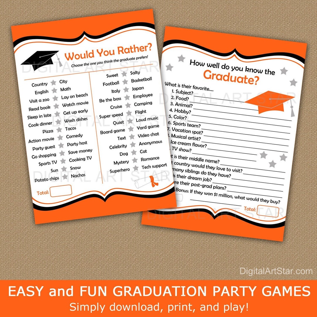 Graduation Party Games Printable, Orange and Black Graduation Games ...