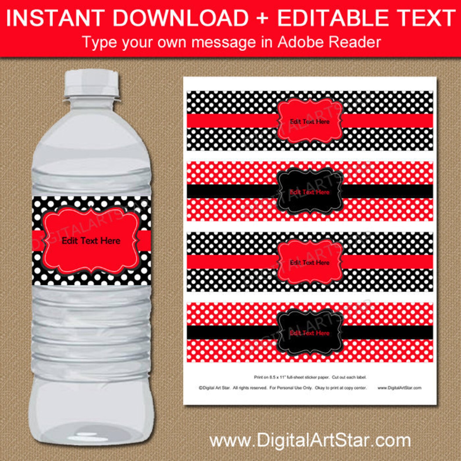 Printable Red and Black Water Bottle Labels Birthday Party - Etsy