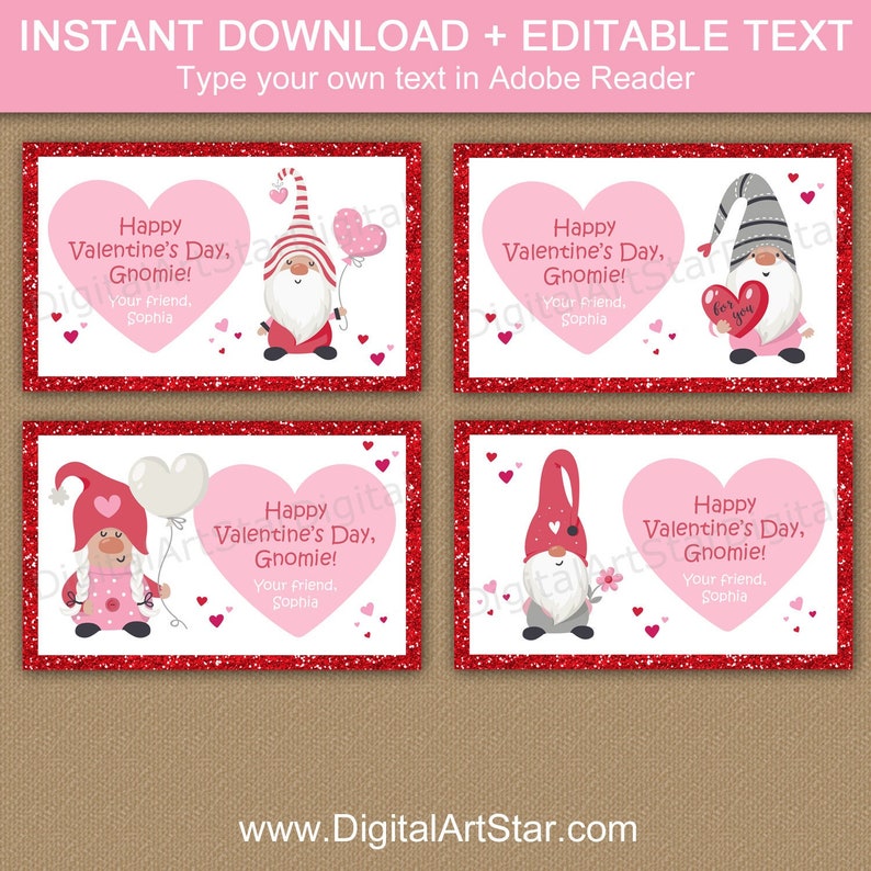 Valentine Cards for Kids Classroom Gnome Valentine Printable | Etsy