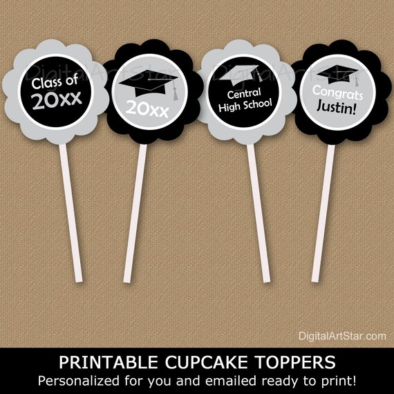 PRINTABLE Graduation Cupcake Toppers 2023, Black and Silver Graduation ...