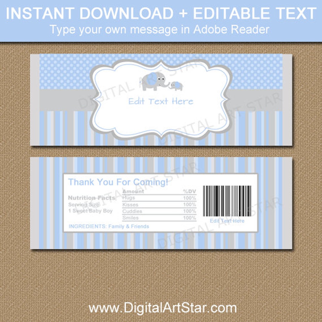 Boy Baby Shower Chocolate Bar Wrappers, Elephant Candy Wrappers ...
