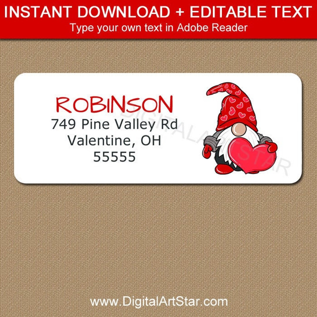 Gnome Valentine Return Address Label Template Download, Editable ...