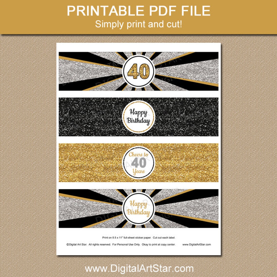 40th Birthday Water Bottle Labels Black Gold and Silver - Etsy