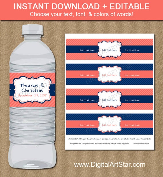 Coral and Navy Water Bottle Labels - Navy and Coral Drink Wrappers ...