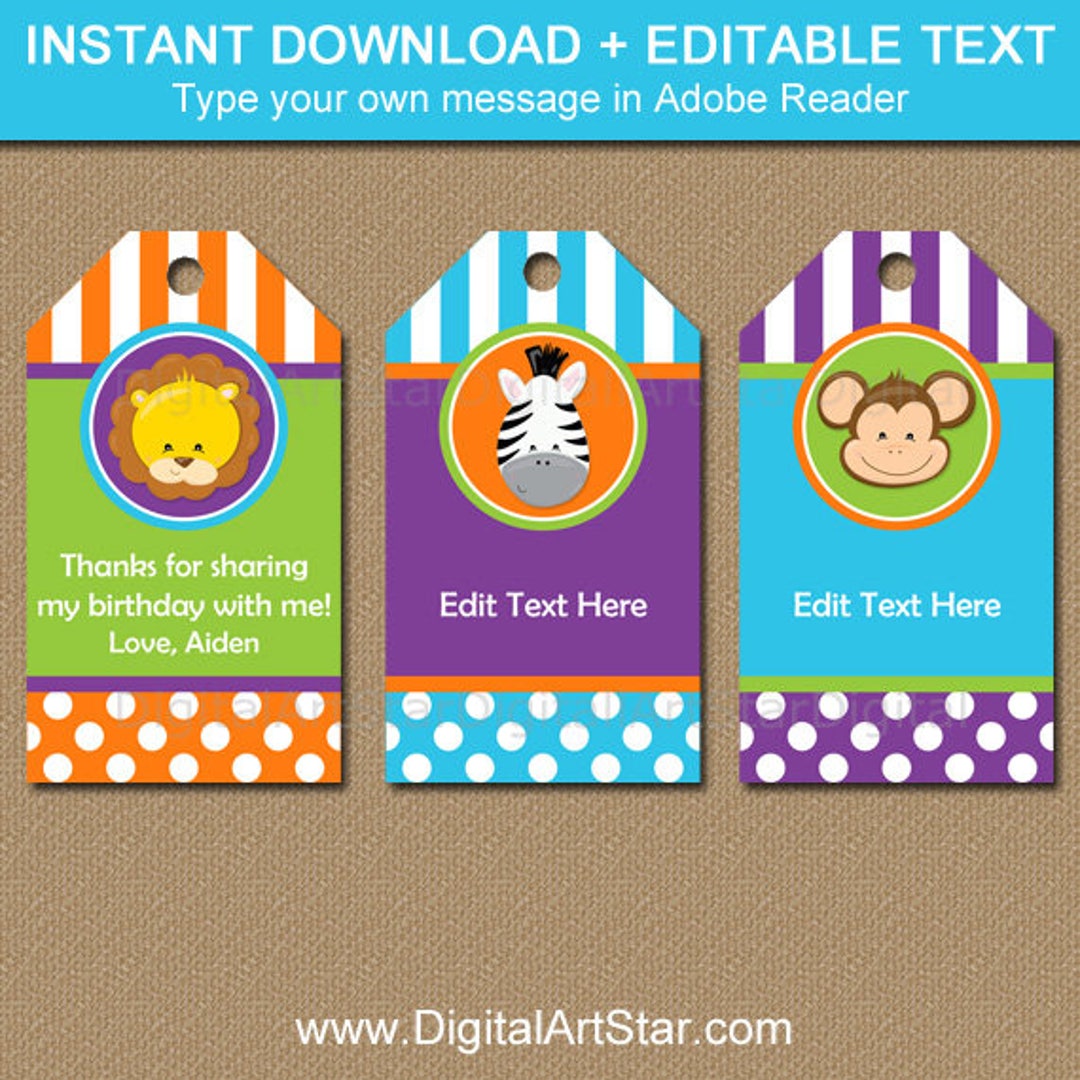 Jungle Birthday Tags, Jungle Baby Shower Tags, Jungle Theme Birthday ...
