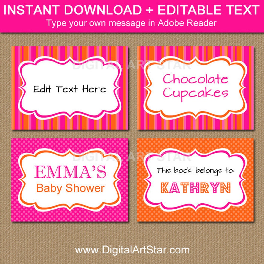 Hot Pink and Orange Printable Candy Buffet Labels, DIY Food Labels ...