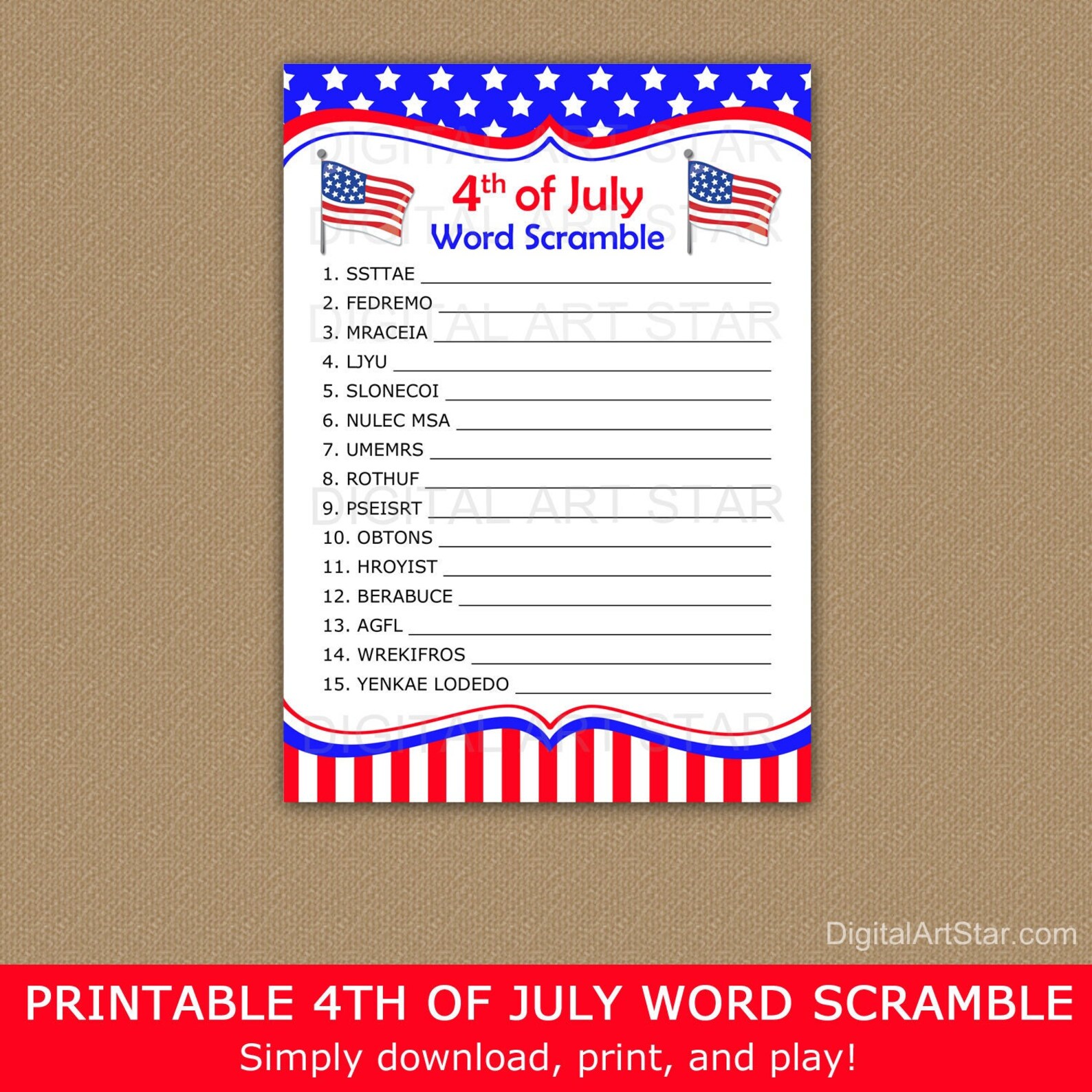 4th of July Word Scramble Word Unscramble 4th of July Games - Etsy