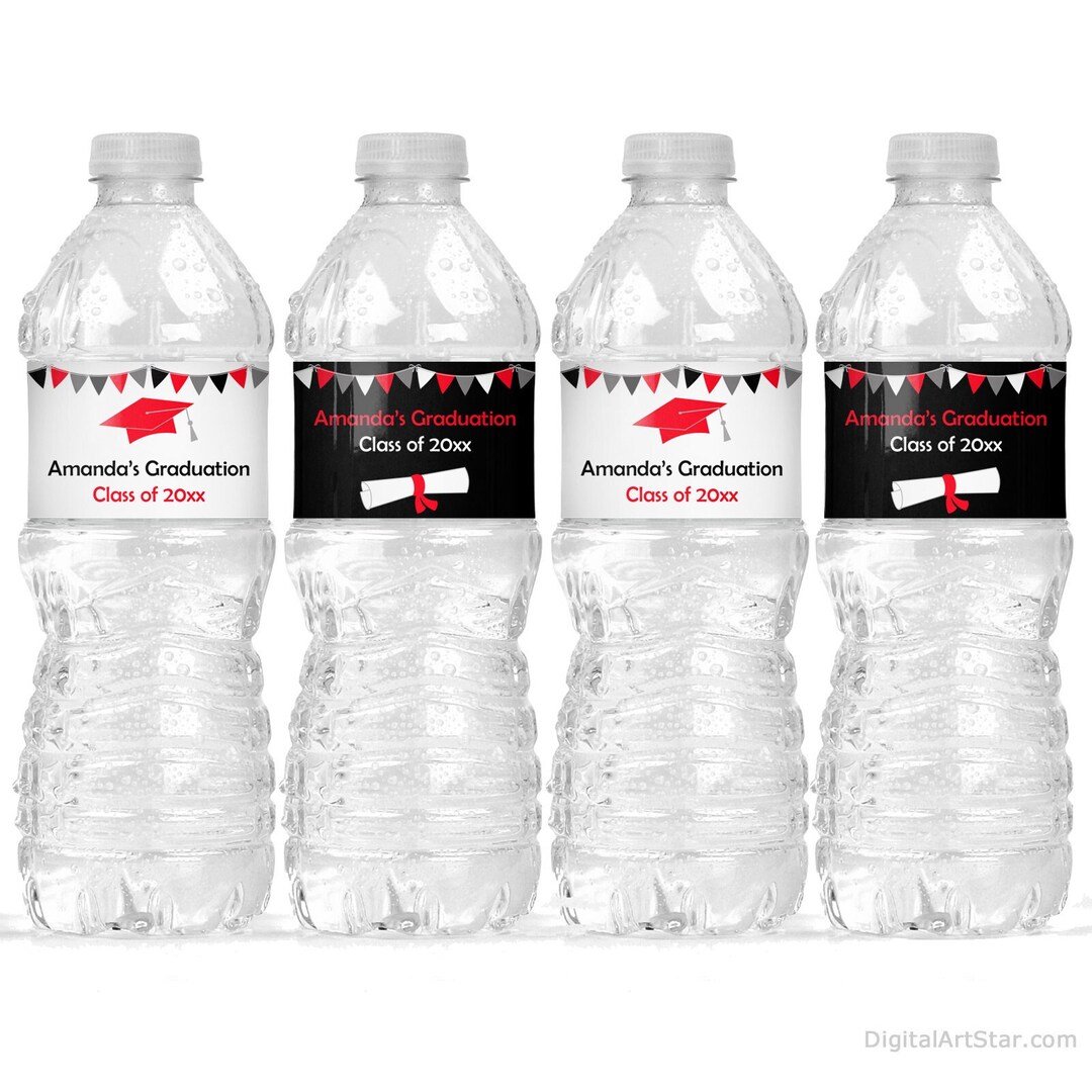 Editable Graduation Water Bottle Labels 2024 Black and Red Graduation ...