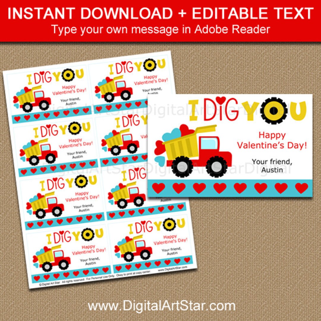 Printable Valentines Day Cards for Kids, I Dig You Valentine Label, Boy ...