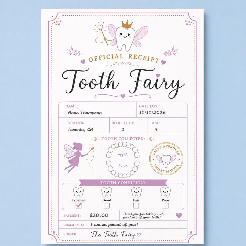 Editable Tooth Fairy Receipt Printable Certificate | First Tooth Lost ...