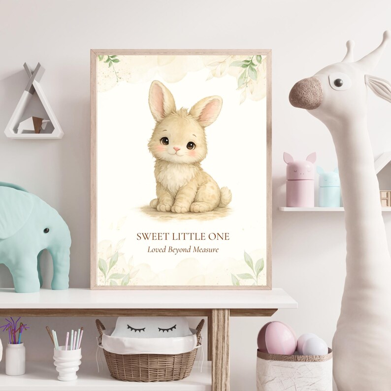 Neutral Nursery Wall Art Baby Bunny, Watercolor Safari Baby Animal ...