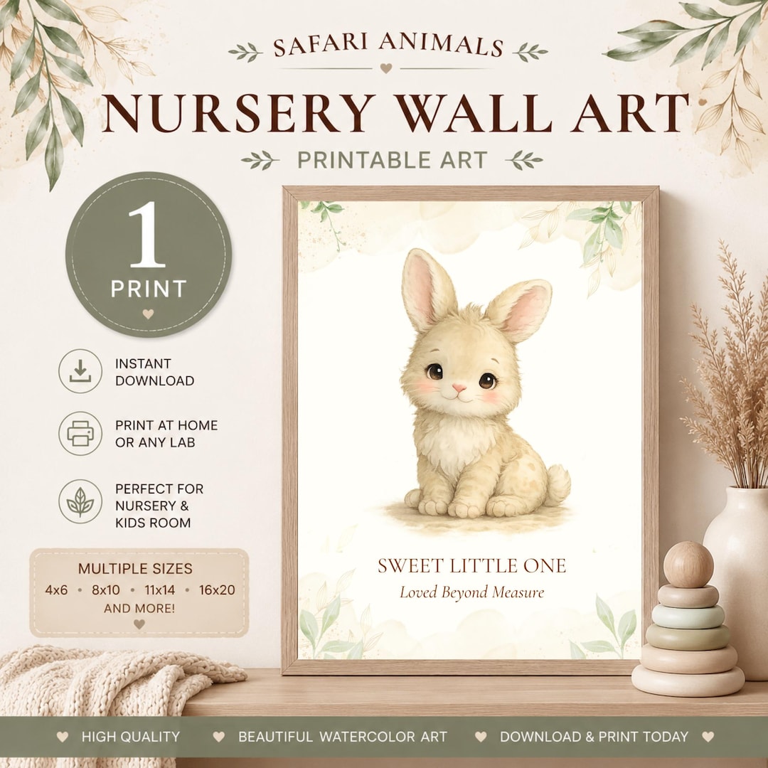 Neutral Nursery Wall Art Baby Bunny, Watercolor Safari Baby Animal ...