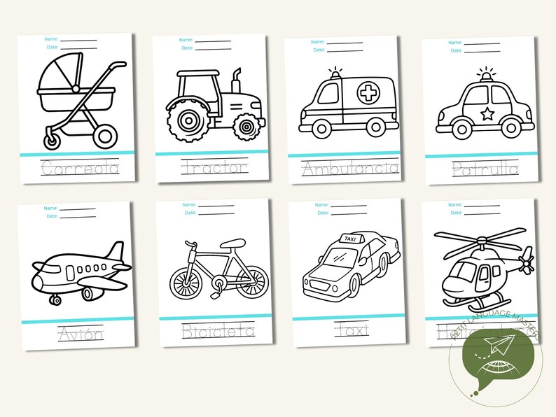 Spanish Vehicles Coloring Book | Preschool Tracing Vocabulary Workbook ...
