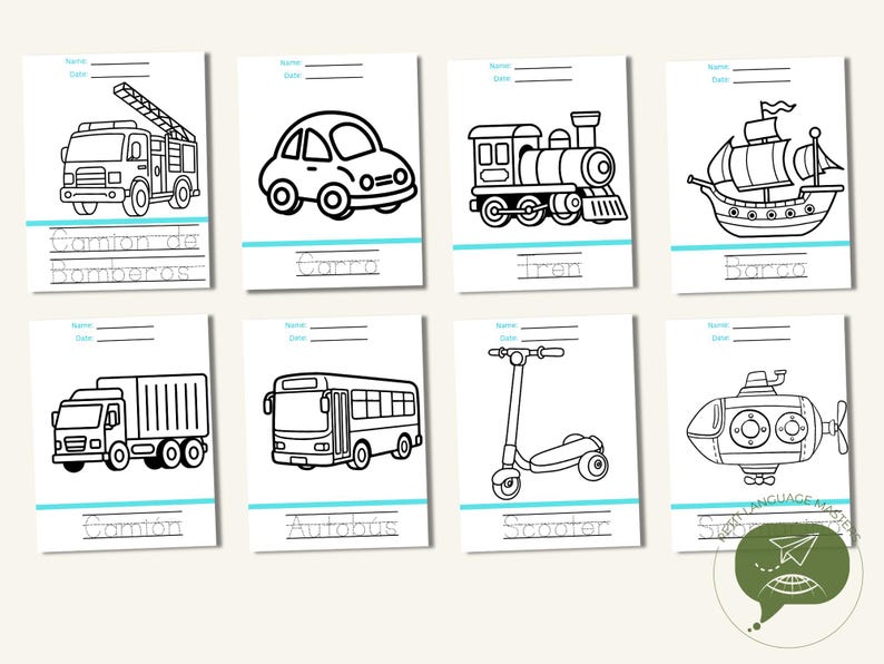 Spanish Vehicles Coloring Book | Preschool Tracing Vocabulary Workbook ...