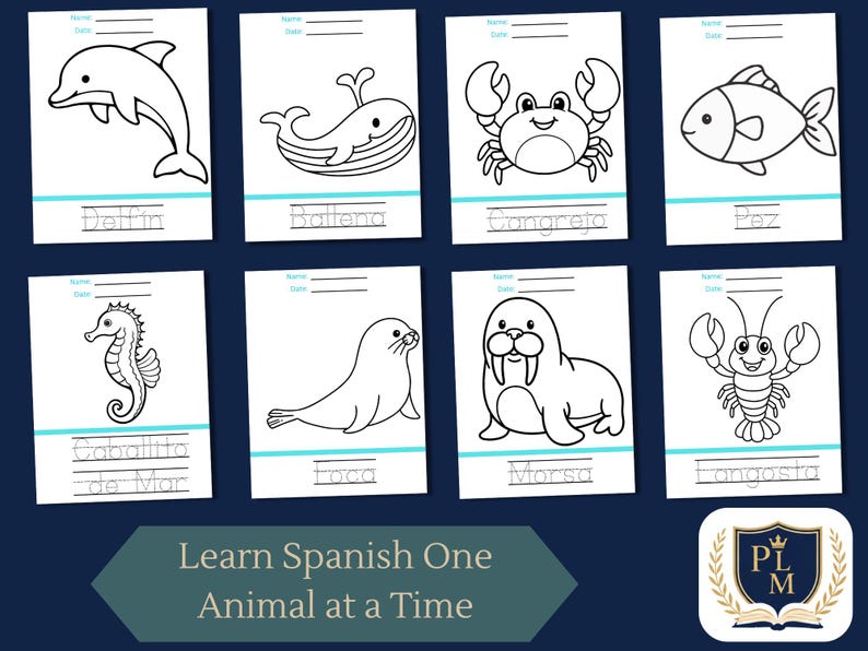 Sea Animals Coloring Book | Learn Spanish Vocabulary Tracing Workbook ...