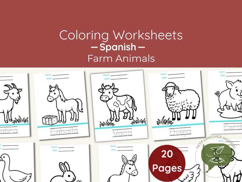 Spanish Farm Animals Coloring Book | Tracing Vocabulary Workbook ...