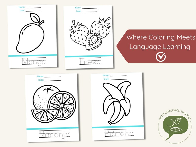 Spanish Fruits Coloring Book | Tracing Vocabulary Workbook (preschool ...
