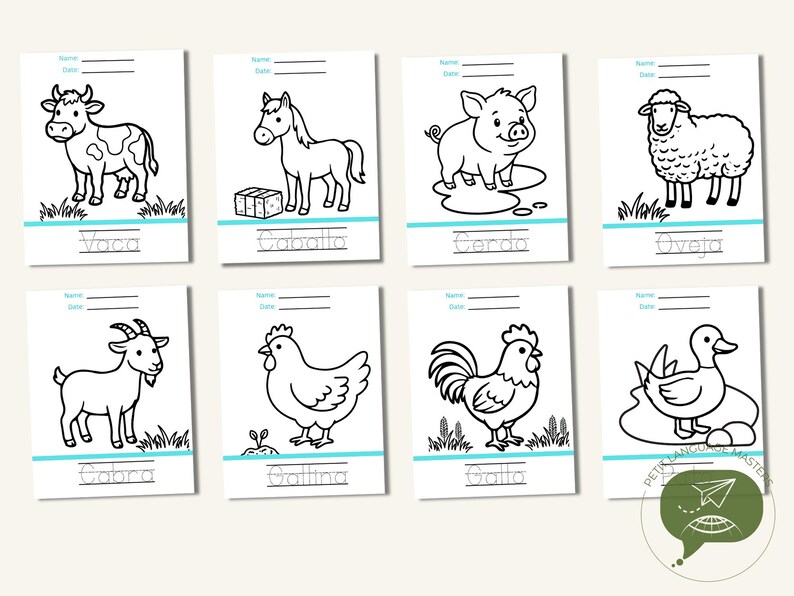 Spanish Farm Animals Coloring Book | Tracing Vocabulary Workbook ...