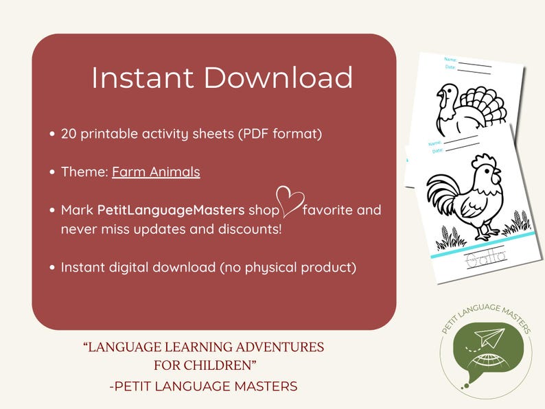 Spanish Farm Animals Coloring Book | Tracing Vocabulary Workbook ...