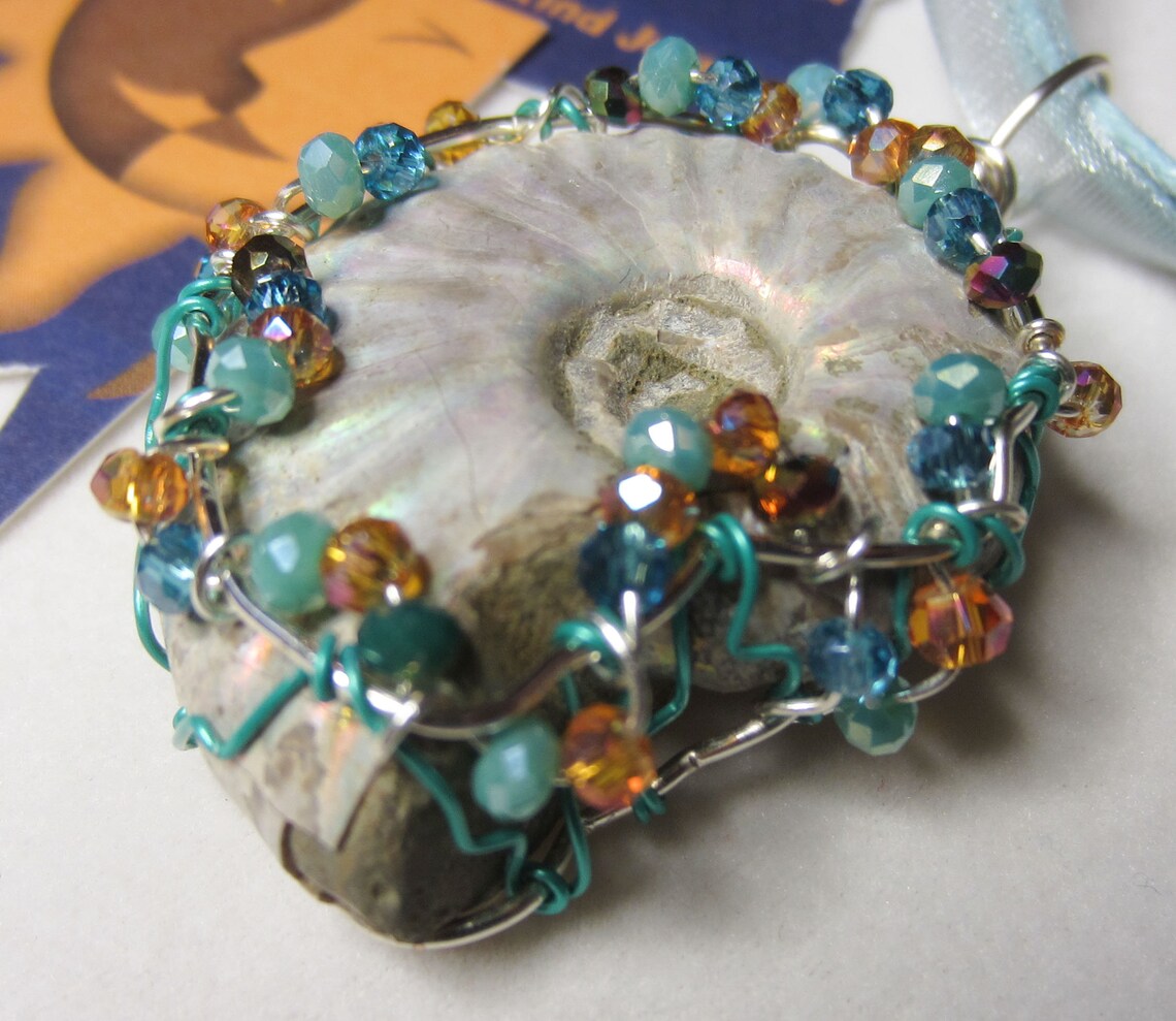 Fossilized Nautilus / Ammonite Silver and Aqua Wire Wrapped Pendant ...