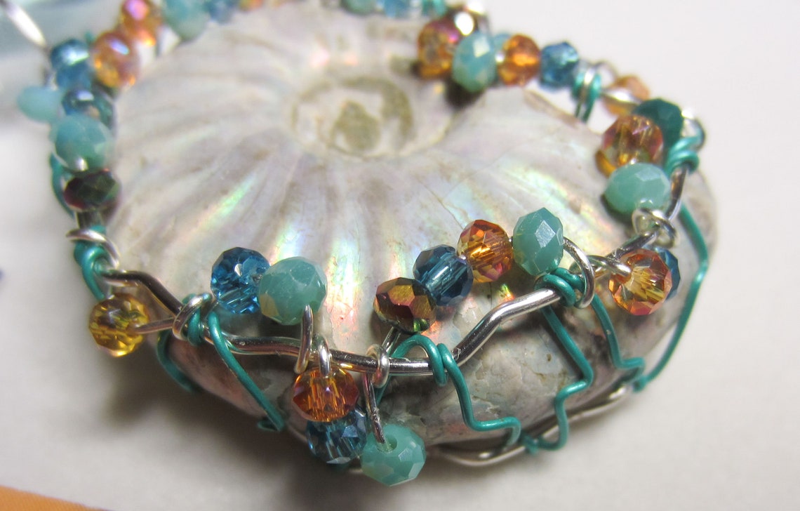 Fossilized Nautilus / Ammonite Silver and Aqua Wire Wrapped Pendant ...