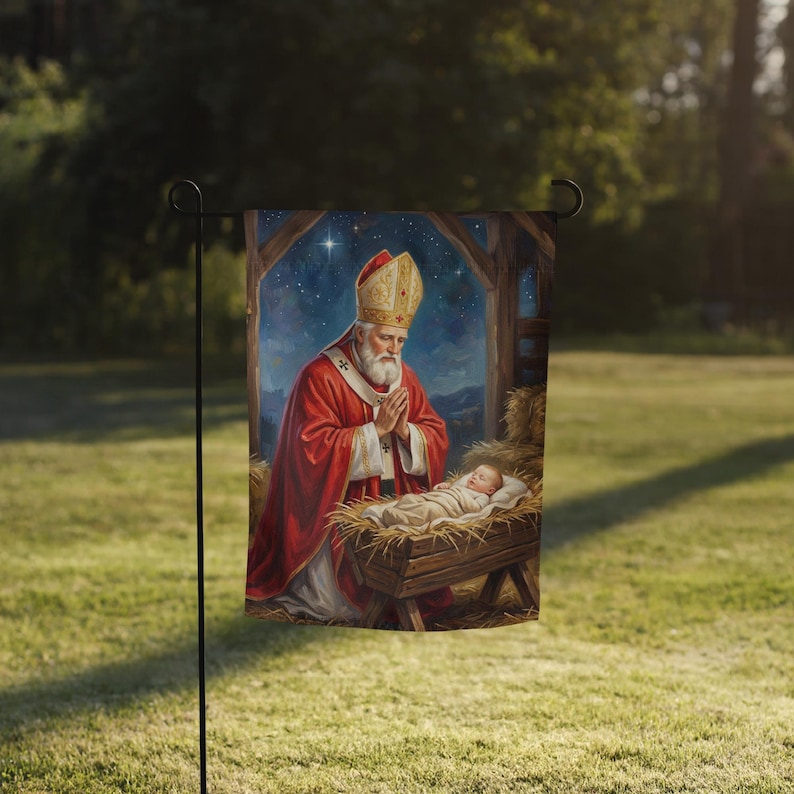 Kneeling Saint Nicholas Baby Jesus Nativity Garden Flag – Catholic ...