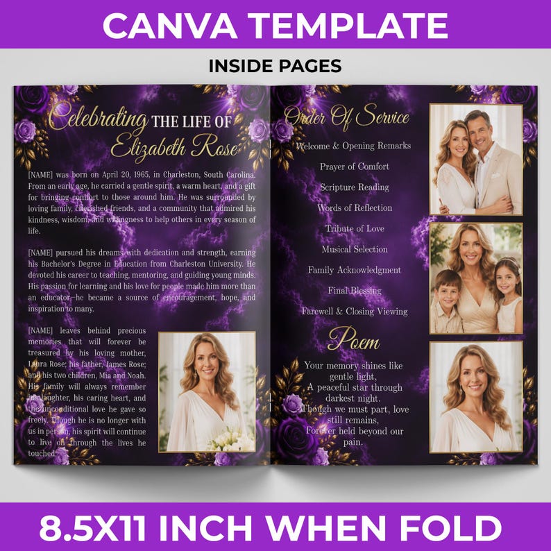 Purple Funeral Program Template Canva, Celebration of Life Program ...