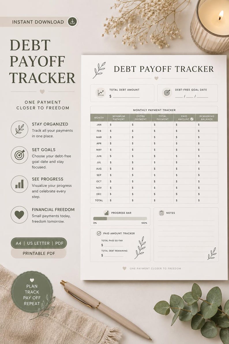 Debt Payoff Tracker Printable PDF | Monthly Payment Budget Planner ...