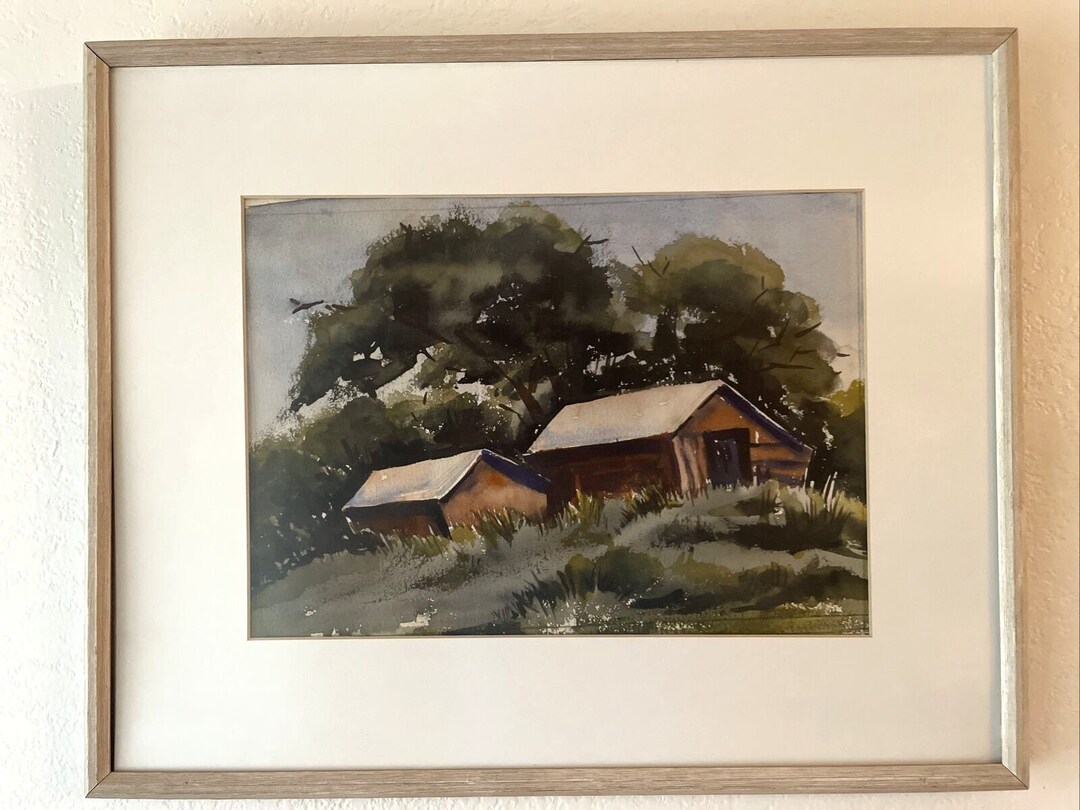 Vintage Original Barn Landscape Watercolor Wood Frame Joanne Adams ...
