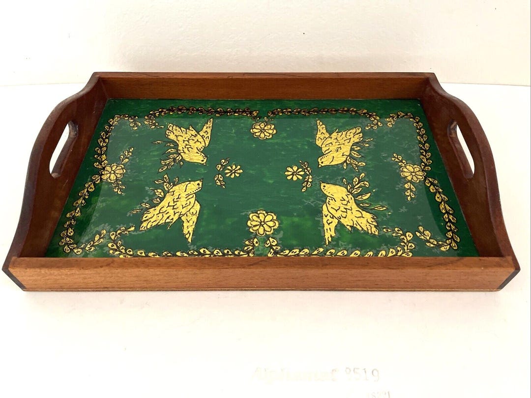 Vintage Wood Serving Tray W Handles 18x12" Funky Bird Motif - Etsy
