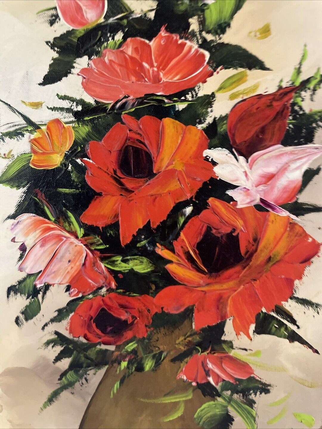 Narrow Vintage Still Life Floral Rose Bouquet Painting 6x16 Signed ...