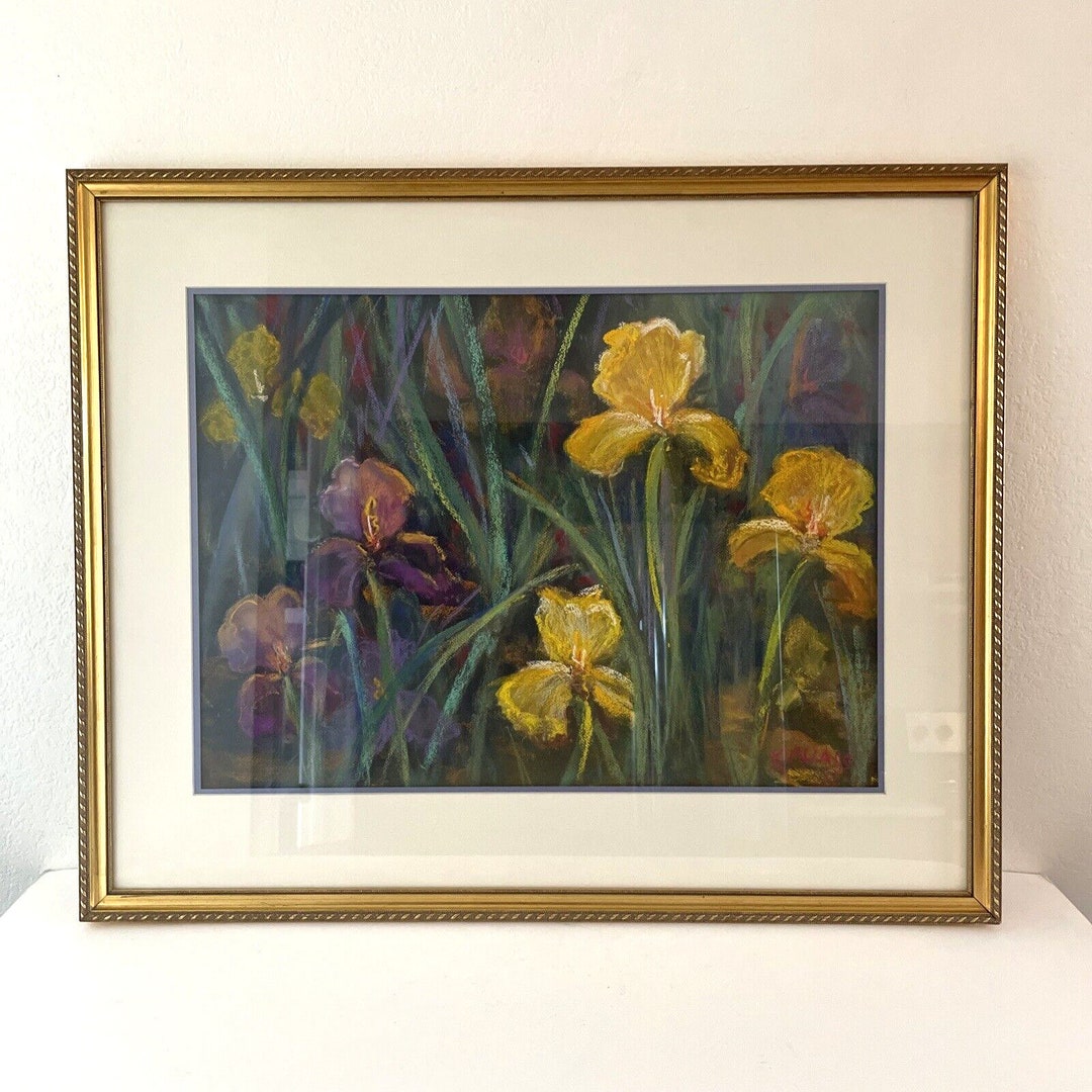 Vintage Iris Floral Still Life Pastel Painting Wood Frame 32x26 Flowers ...