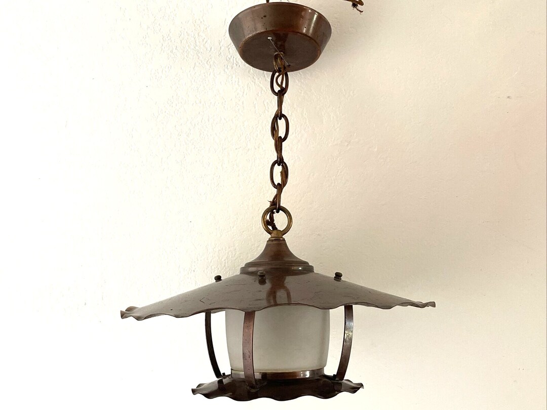Vintage Copper Ceiling Light Fixture W Glass Shade Cottage - Etsy