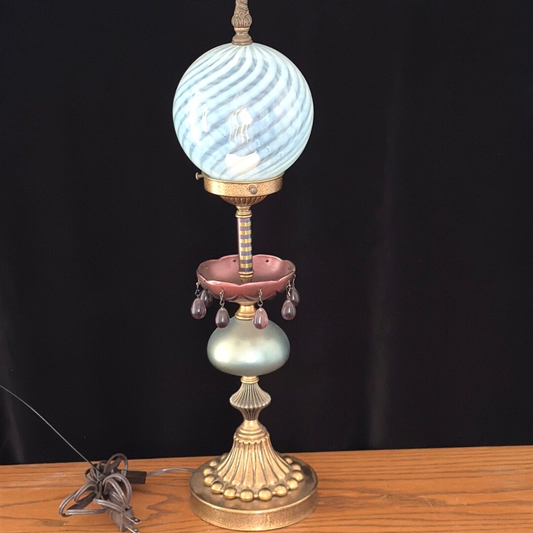 Vintage UPSCALED Funky Table Lamp W Swirl Opalescent Glass Shade Retro ...